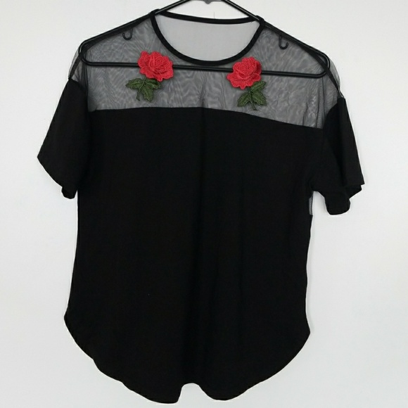 Makemechic | Tops | Rose Embroidered Mesh Top | Poshmark